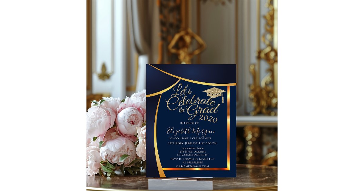 Modern Glitter Graduation Cap Navy Blue Graduation Invitation | Zazzle