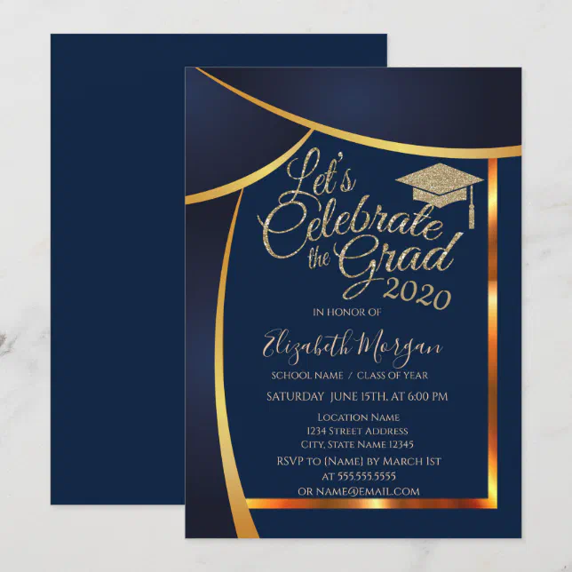 Modern Glitter Graduation Cap Navy Blue Graduation Invitation | Zazzle
