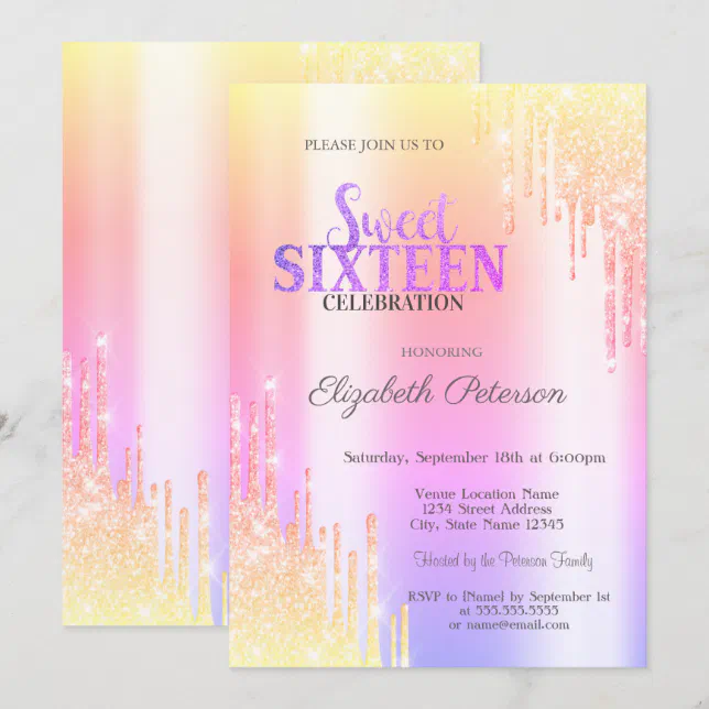 Modern Glitter Ombre Drips Sweet 16 Invitation | Zazzle