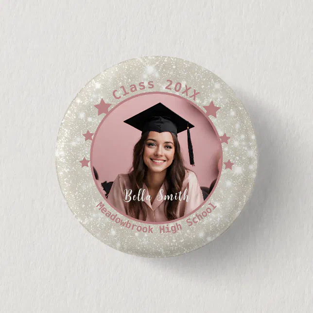 Modern Glitter Photo Pink Gift Graduation Button | Zazzle