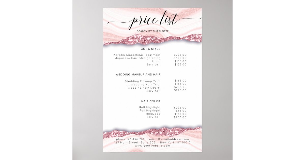 Modern, glitter, pink-white price list Poster | Zazzle