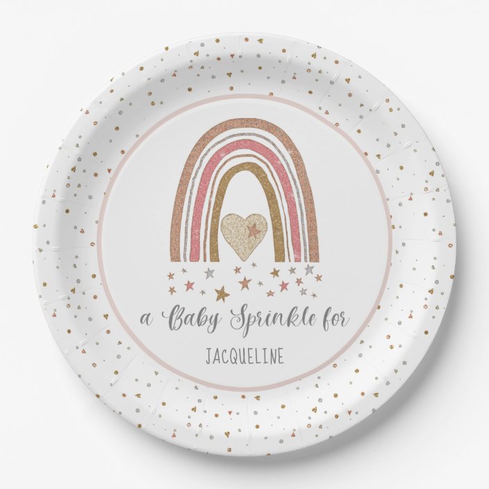 Modern Glitter Rainbow Pink Gold Baby Sprinkle Paper Plates | Zazzle.com