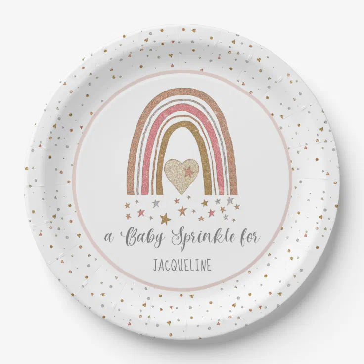 Modern Glitter Rainbow Pink Gold Baby Sprinkle Paper Plates | Zazzle