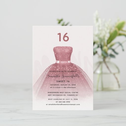 Modern Glitter Sweet 16 Script Rose Gold Birthday Invitation | Zazzle