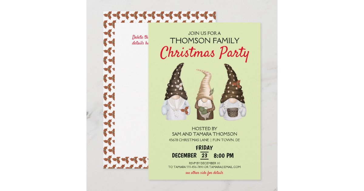 Modern Gnomes Green Festive Christmas Party Invitation | Zazzle