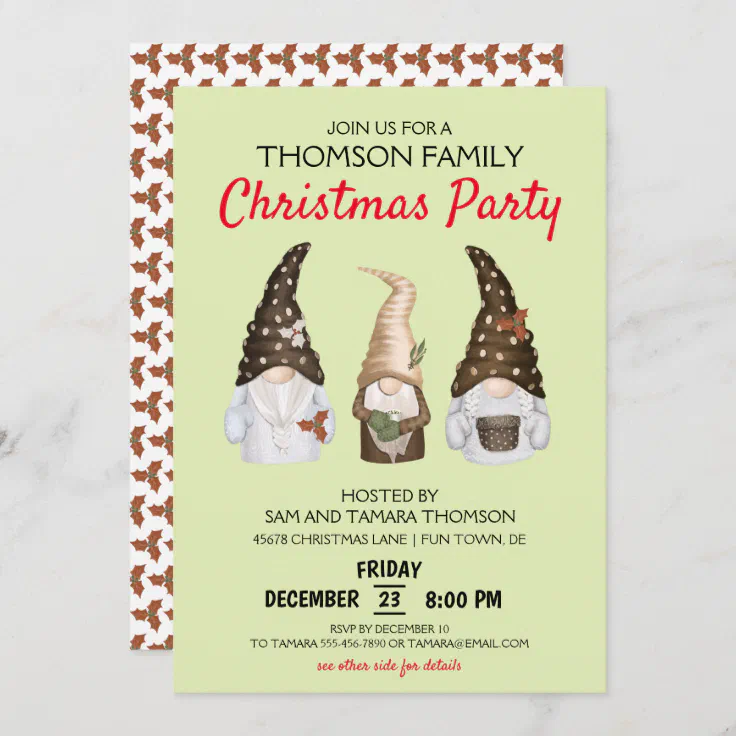 Modern Gnomes Green Festive Christmas Party Invitation | Zazzle