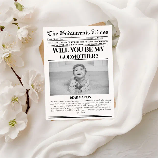 Modern Godparent Proposal Newspaper Baptism Invitation | Zazzle