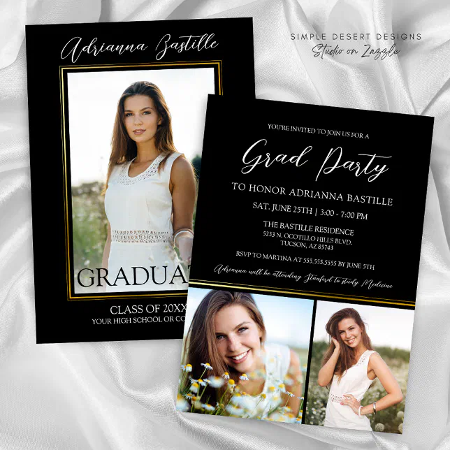 Modern Gold 3 Photo Calligraphy Graduation Party Invitation | Zazzle