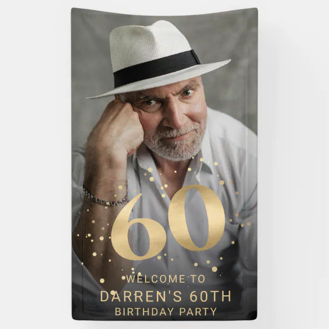 Modern Gold 60th Photo Birthday Welcome Party Banner | Zazzle