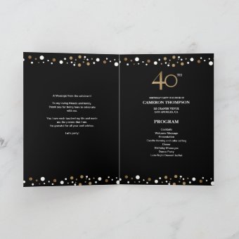 Modern Gold and Black Confetti 40th birthday Program | Zazzle
