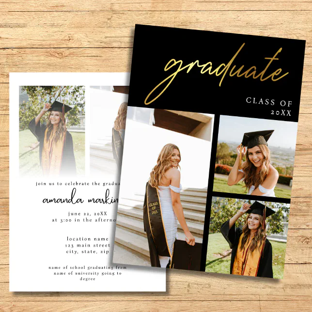 Modern Gold and Black Photo Graduation Party Invitation | Zazzle