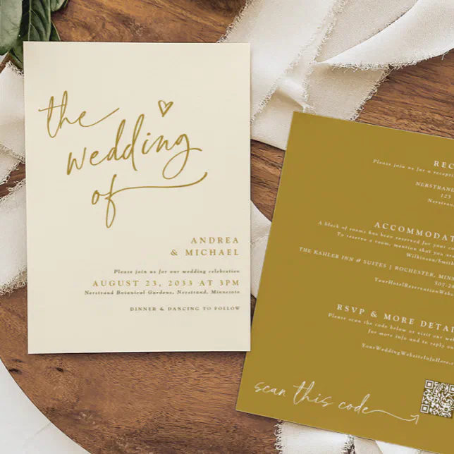 Modern Gold and Cream Handwriting Heart Wedding Invitation | Zazzle