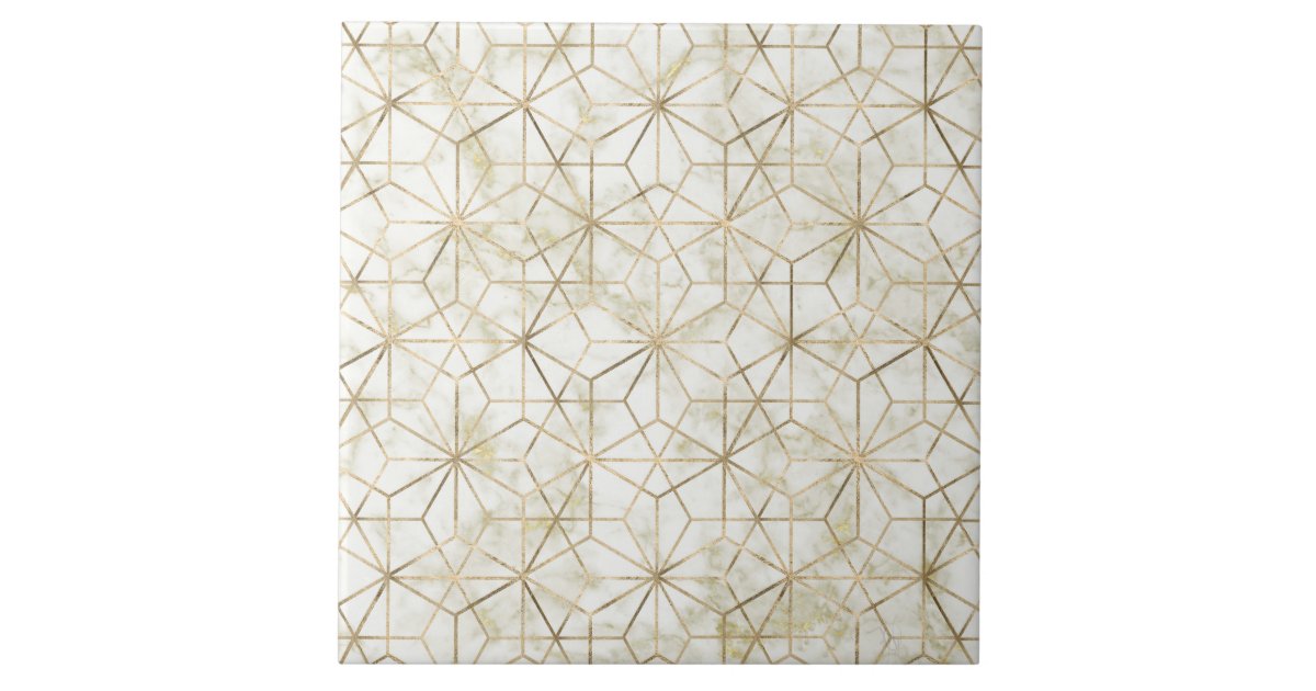 Modern gold and marble geometric star flower image ceramic tile | Zazzle