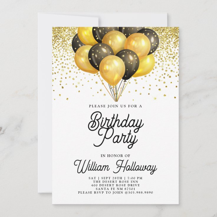Modern Gold Black Balloons Birthday Party Invitati Invitation | Zazzle