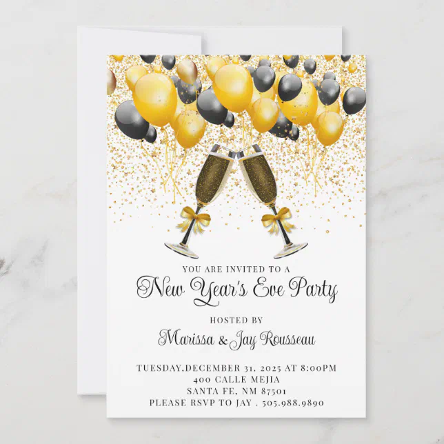 Modern Gold Black Balloons New Year's Eve Party Invitation | Zazzle