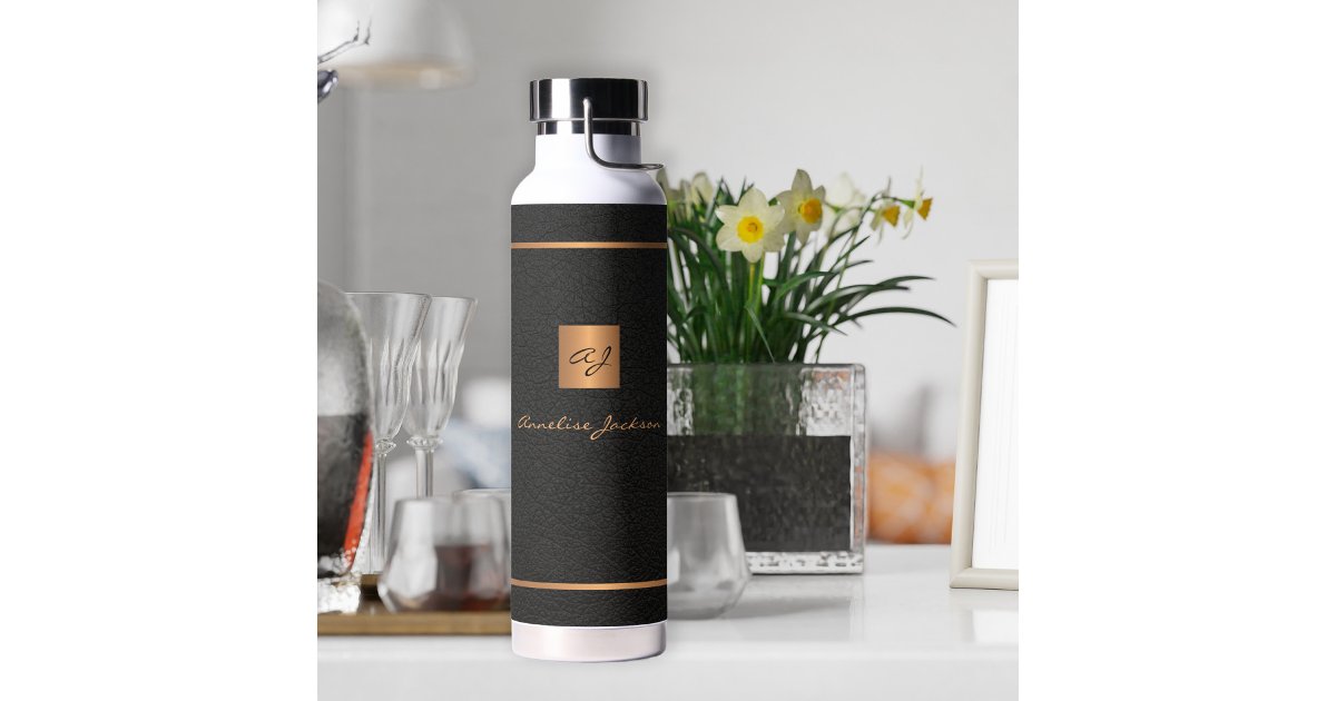 Modern gold black monogram and name personalized water bottle | Zazzle