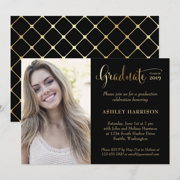 Modern Gold Black Photo Graduation Party Invitation | Zazzle