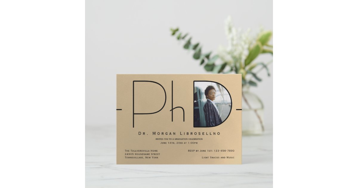 Modern Gold Black Photo PhD Graduation Invitation | Zazzle