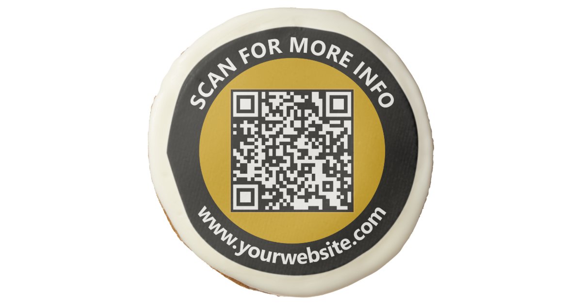 Modern Gold Black QR Code Custom White Text Sugar Cookie | Zazzle