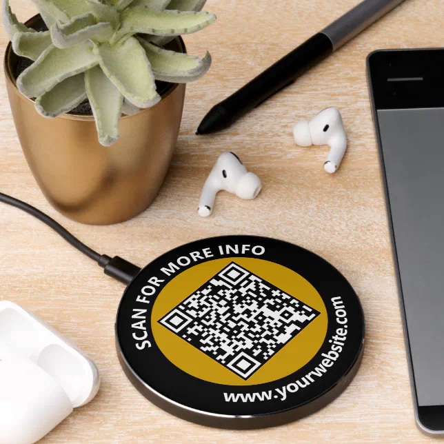 Modern Gold Black QR Code, Custom White Text Wireless Charger | Zazzle