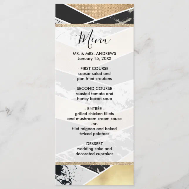 Modern Gold Black White Glitter Marble Geometric Menu | Zazzle
