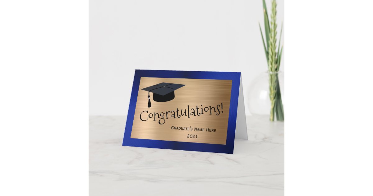Modern Gold Blue Cap Congratulations Graduation Card | Zazzle