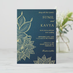 Modern Gold Blue Galaxy Henna Indian Wedding Invitation | Zazzle