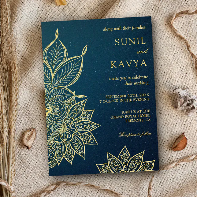 Modern Gold Blue Galaxy Henna Indian Wedding Invitation | Zazzle