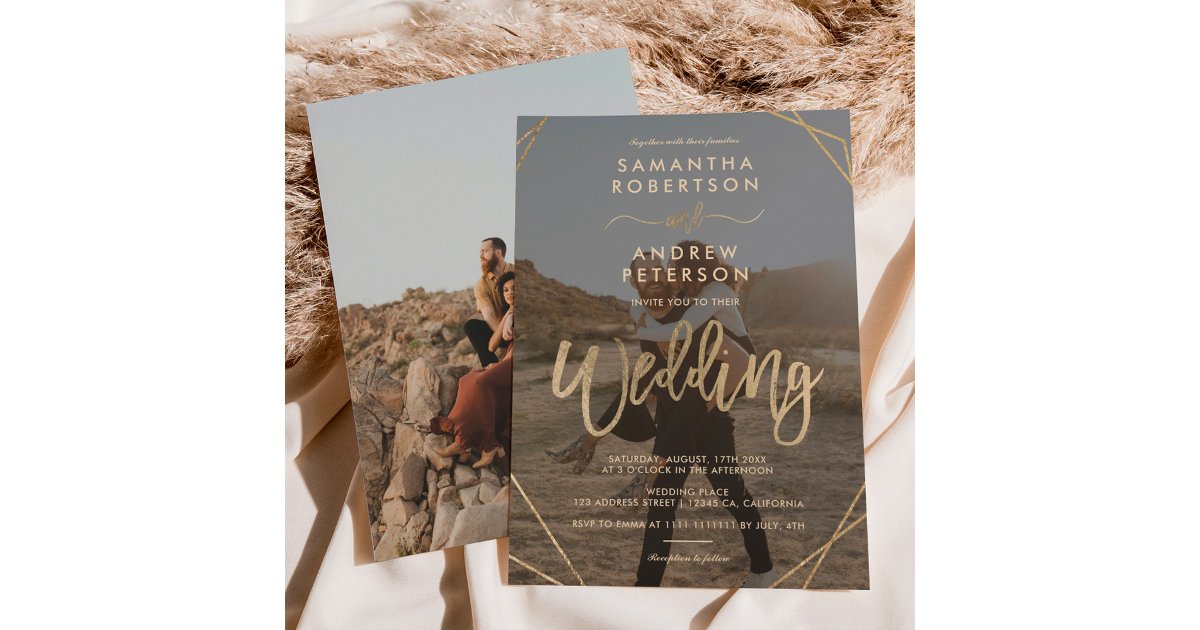 Modern gold boho frame simple photo script wedding invitation | Zazzle