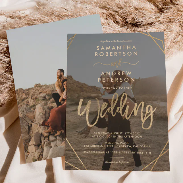 Modern gold boho frame simple photo script wedding invitation | Zazzle