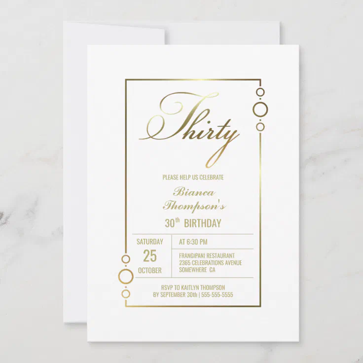 Modern Gold Border 30th Birthday Party Invitation | Zazzle