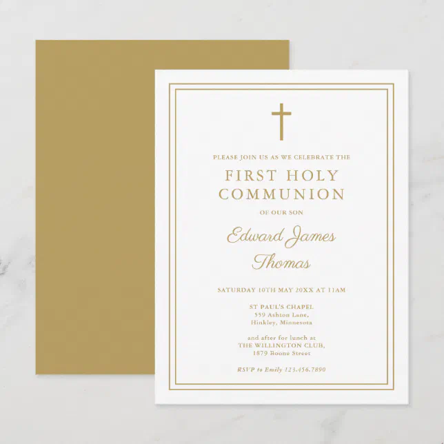 Modern Gold Border First Holy Communion Invitation Postcard | Zazzle