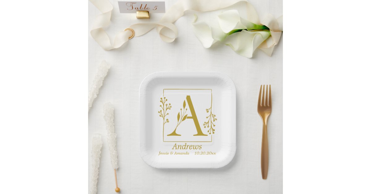 Modern Gold Botanical Letter A Personalized Paper Plates | Zazzle