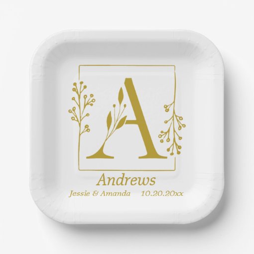 Modern Gold Botanical Letter A Personalized Paper Plates | Zazzle