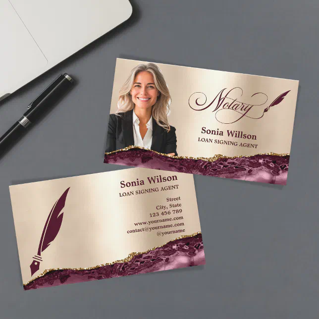 Modern Gold Burgundy Notary Loan Signing Agent Business Card | Zazzle