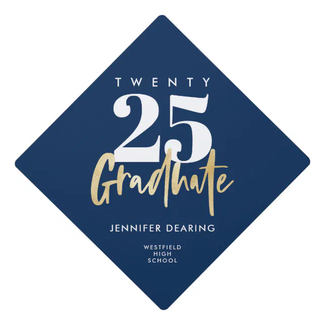 Modern Gold Calligraphy Blue Graduation Cap Topper | Zazzle