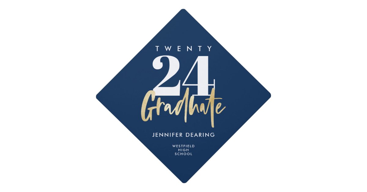 Modern Gold Calligraphy Blue Graduation Cap Topper | Zazzle