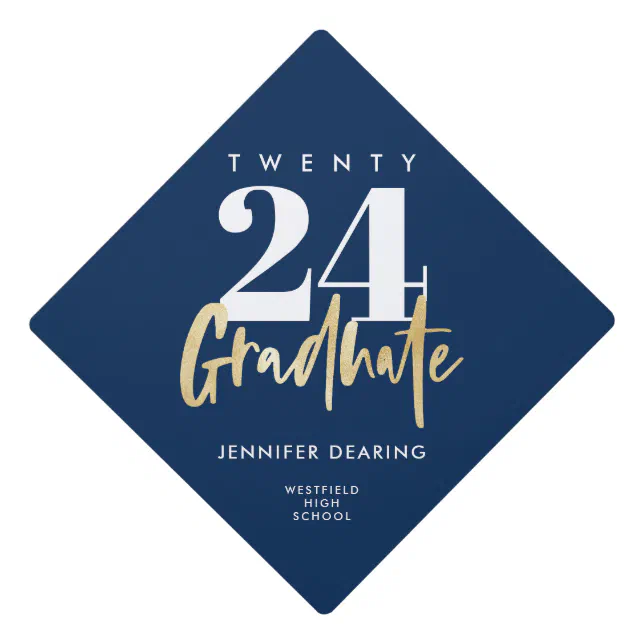 Modern Gold Calligraphy Blue Graduation Cap Topper | Zazzle