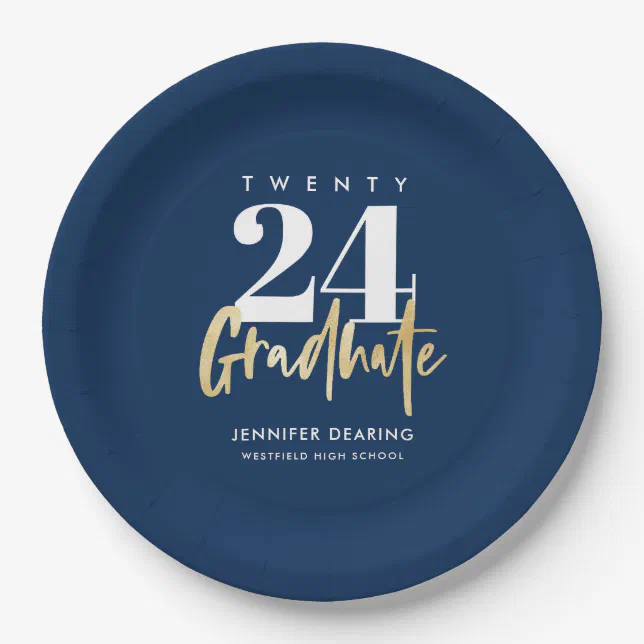 Modern Gold Calligraphy Blue Graduation Paper Plates | Zazzle