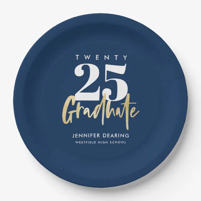 Modern Gold Calligraphy Blue Graduation Paper Plates | Zazzle