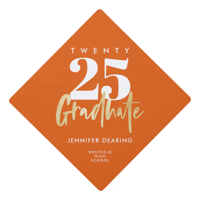 Modern Gold Calligraphy Orange Graduation Cap Topper | Zazzle