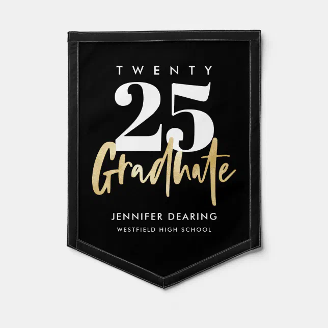 Modern Gold Calligraphy Photo Black Graduation Pennant | Zazzle