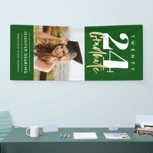 Modern Gold Calligraphy Photo Green Graduation Banner | Zazzle