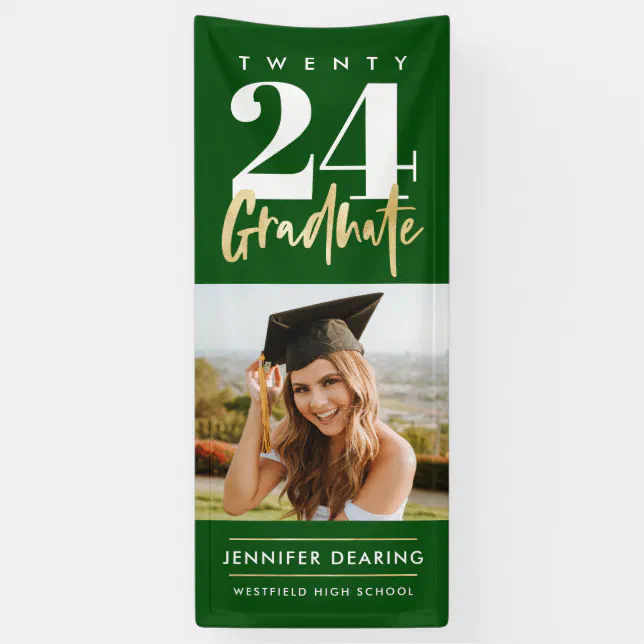 Modern Gold Calligraphy Photo Green Graduation Banner | Zazzle