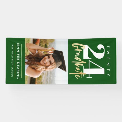 Modern Gold Calligraphy Photo Green Graduation Banner | Zazzle