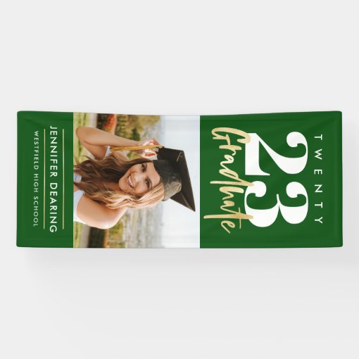 Modern Gold Calligraphy Photo Green Graduation Banner | Zazzle