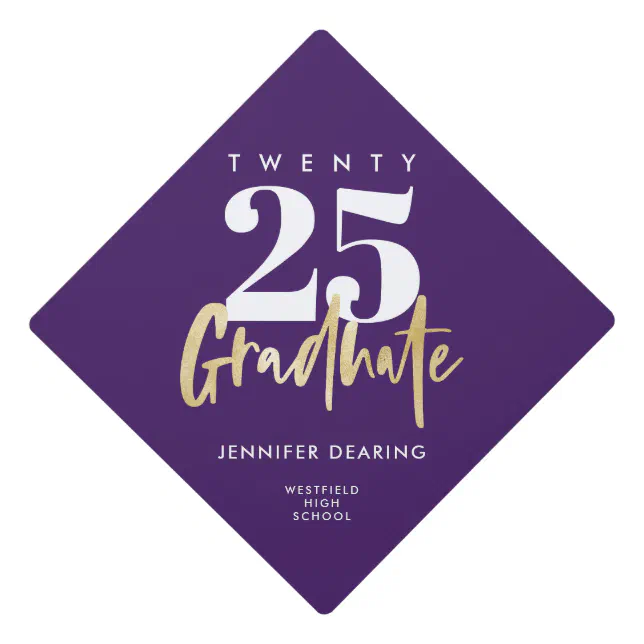 Modern Gold Calligraphy Purple Graduation Cap Topper | Zazzle