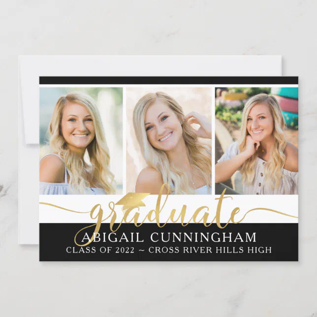 Modern Gold Calligraphy Script 4 Photo Graduation Announcement | Zazzle