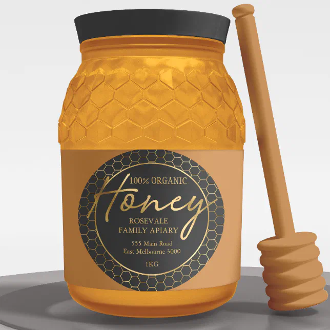 Modern Gold Charcoal Honeycomb Honey Apiary Label | Zazzle