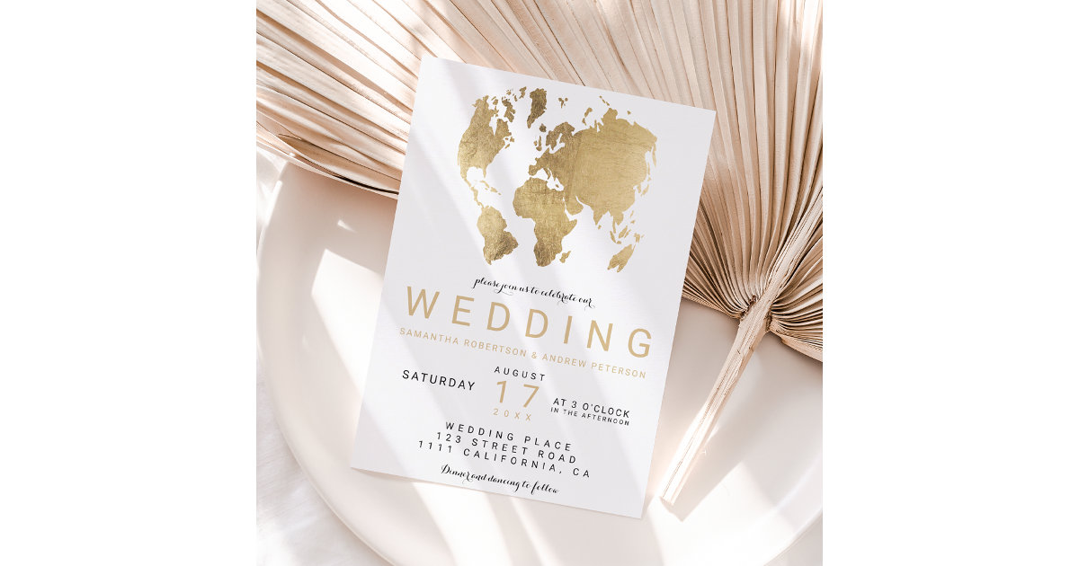 Modern gold chic world map wedding invitation | Zazzle